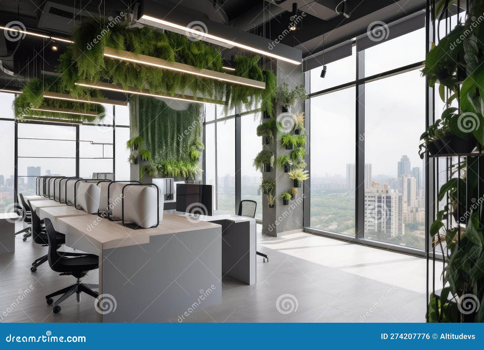 Modern Office Space with Greenery and a View of the Cityscape Stock ...