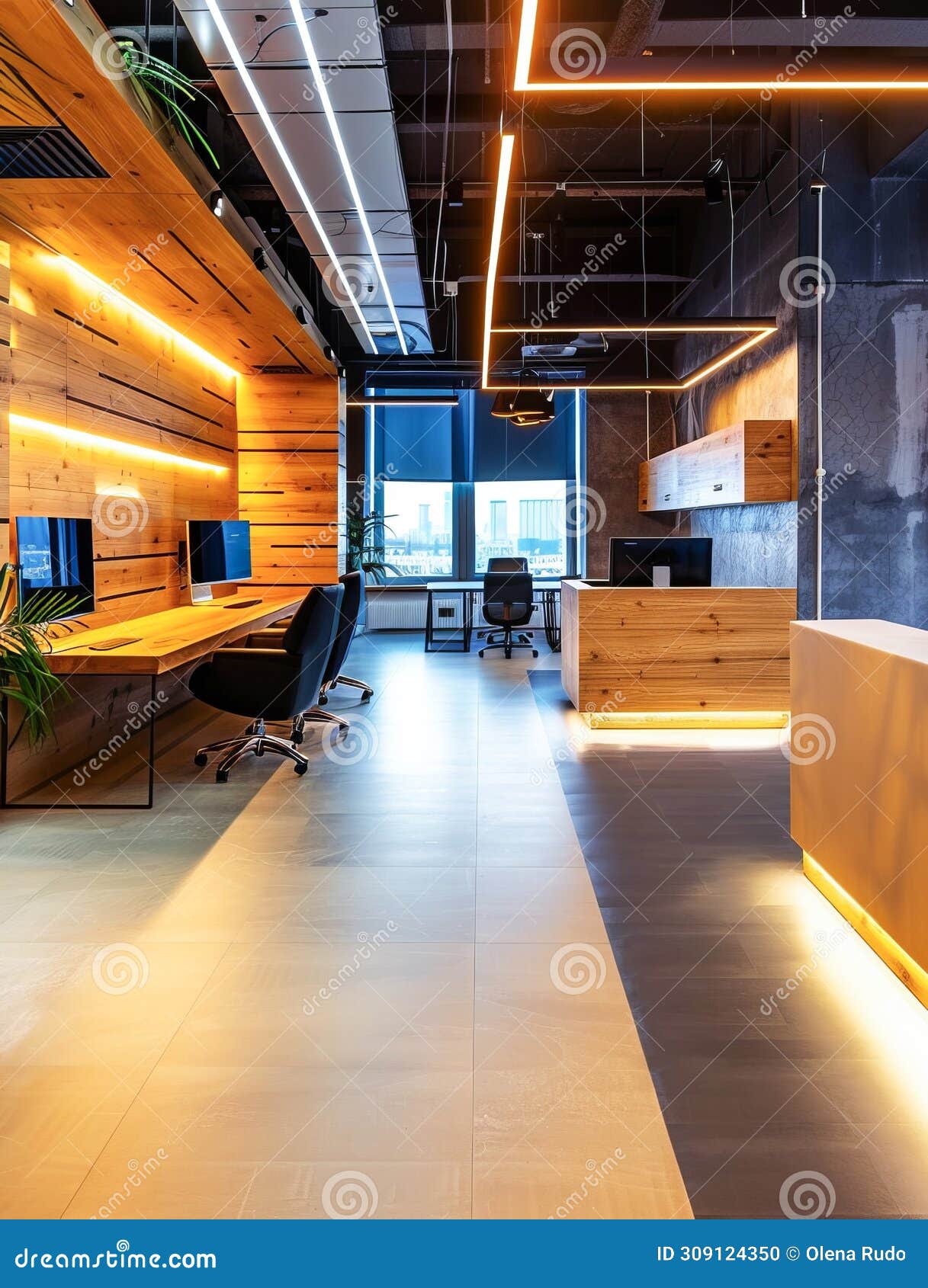 Modern Office Space Interior with Warm Lighting and Open Workstations ...