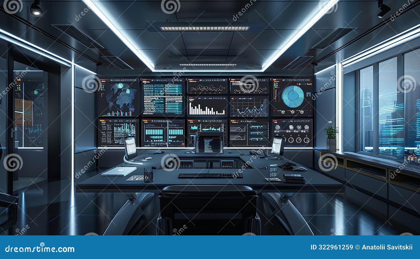 A Modern Office Space with a Large Desk and Multiple Screens Displaying Data Visualizations and ...