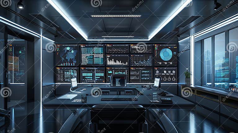 A Modern Office Space with a Large Desk and Multiple Screens Displaying Data Visualizations and ...