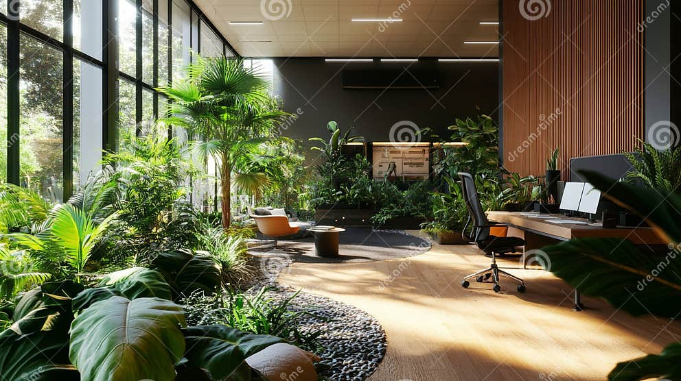 Modern Office Space with Lush Greenery and a Natural Stone Pathway ...