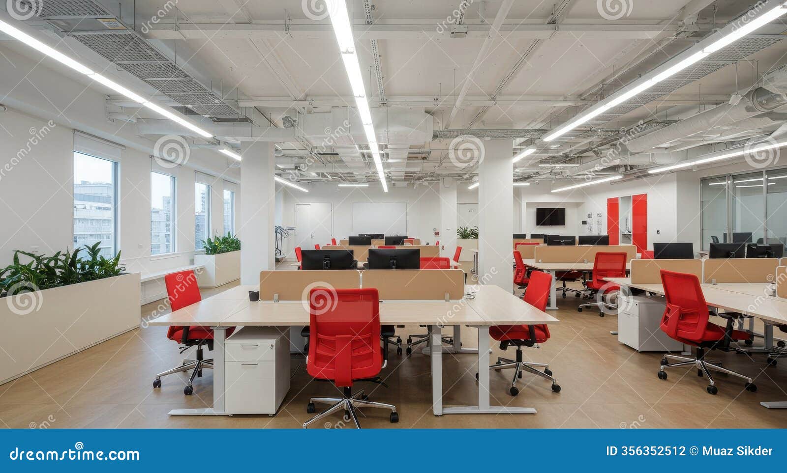 Modern Office Space, Open Plan, White Ceiling, Fluorescent Lighting ...