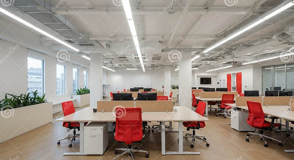 Modern Office Space, Open Plan, White Ceiling, Fluorescent Lighting ...