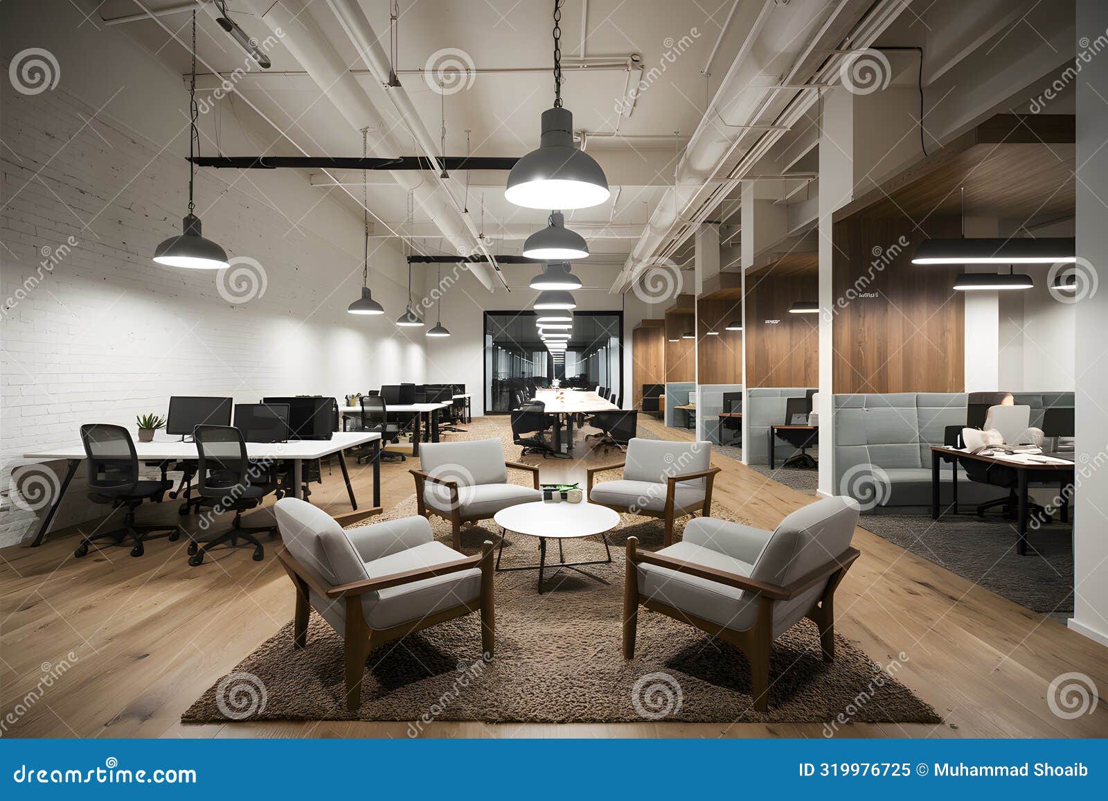 Modern Office Space with Open Workstations, Lounge Seating, Hanging ...
