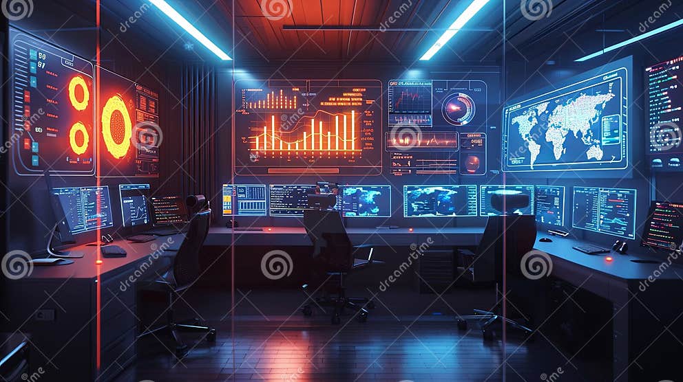 A Modern Office Space Showcasing A Marketers Workspace With Numerous Screens Displaying Ai 