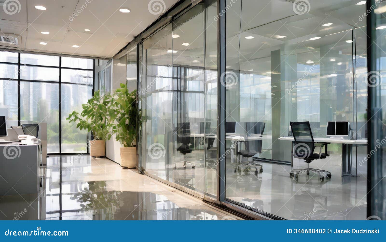 Modern Office Space with Sleek Glass Wall Partition, Featuring Open ...