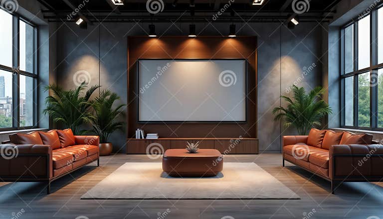 Modern Office Space with Virtual Studio Backdrop. Brown Leather Sofas ...