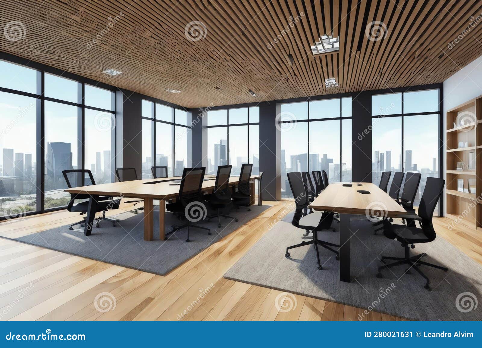 Modern Office Space with Wooden Plank Table.AI Generated Stock ...