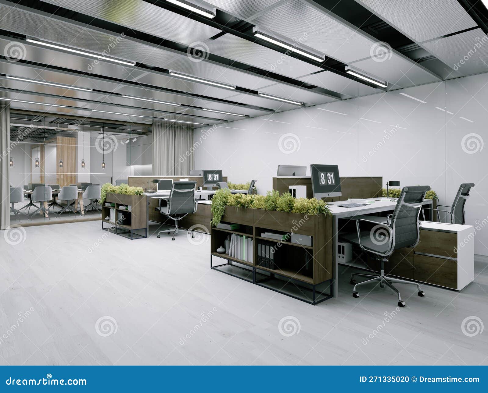 Modern Office Space with Work Tables with Plants Stock Illustration ...