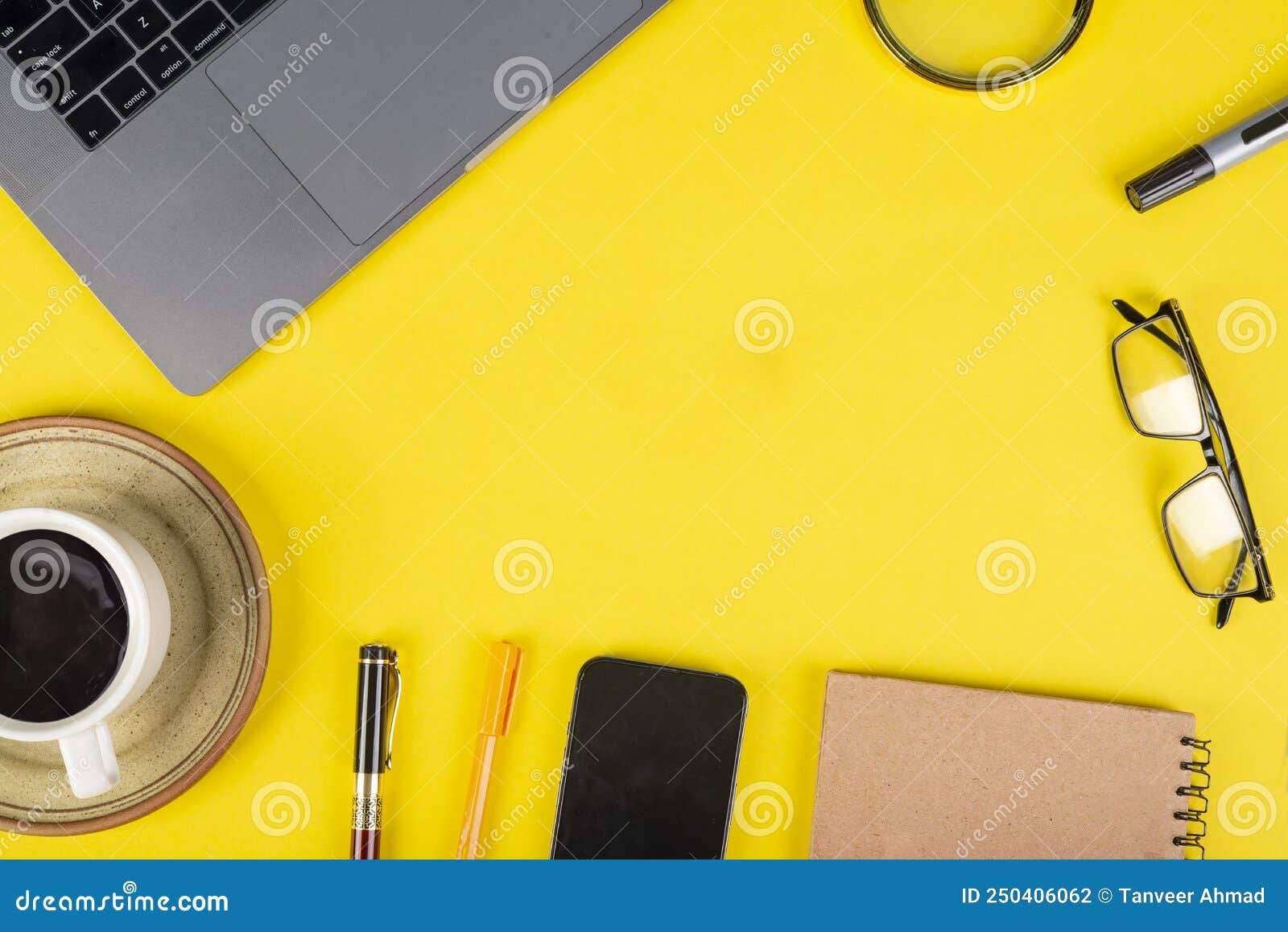 Modern Office Table with Yellow Banner Template and Copy Space Stock ...