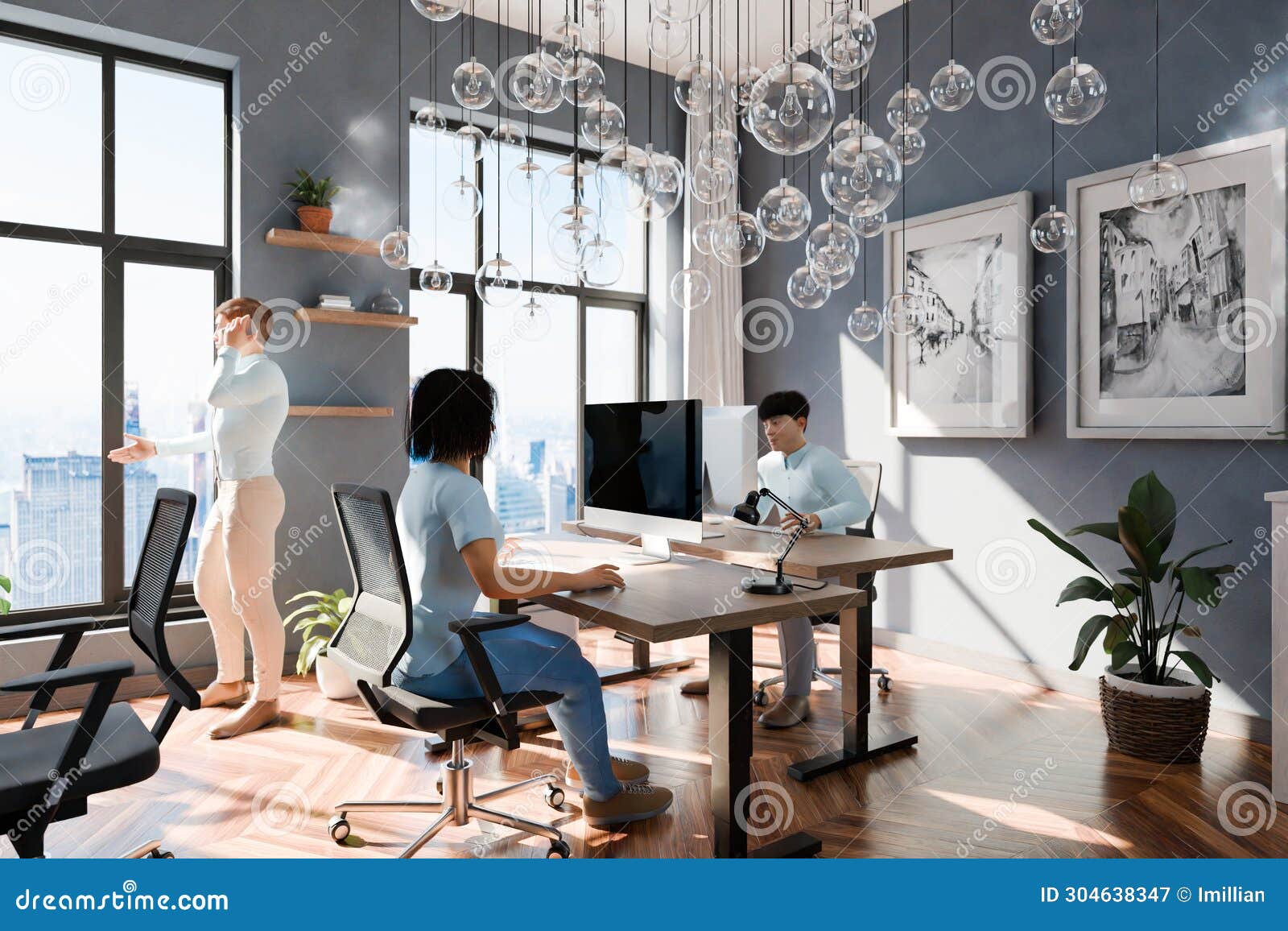 Modern Office with Team of it Professionals with Floor-to-ceiling ...