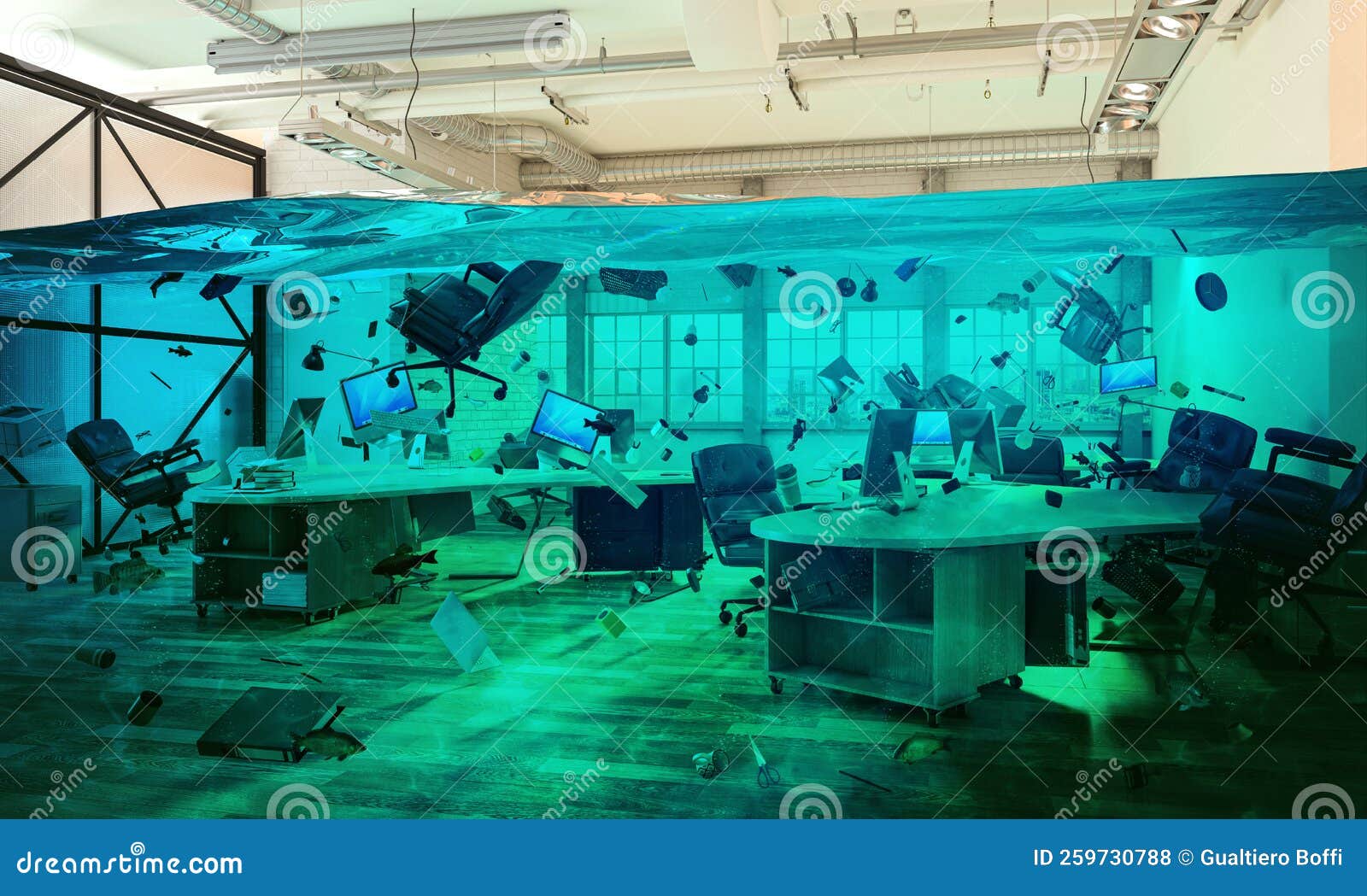 Modern Office Totally Flooded Stock Illustration - Illustration of ...