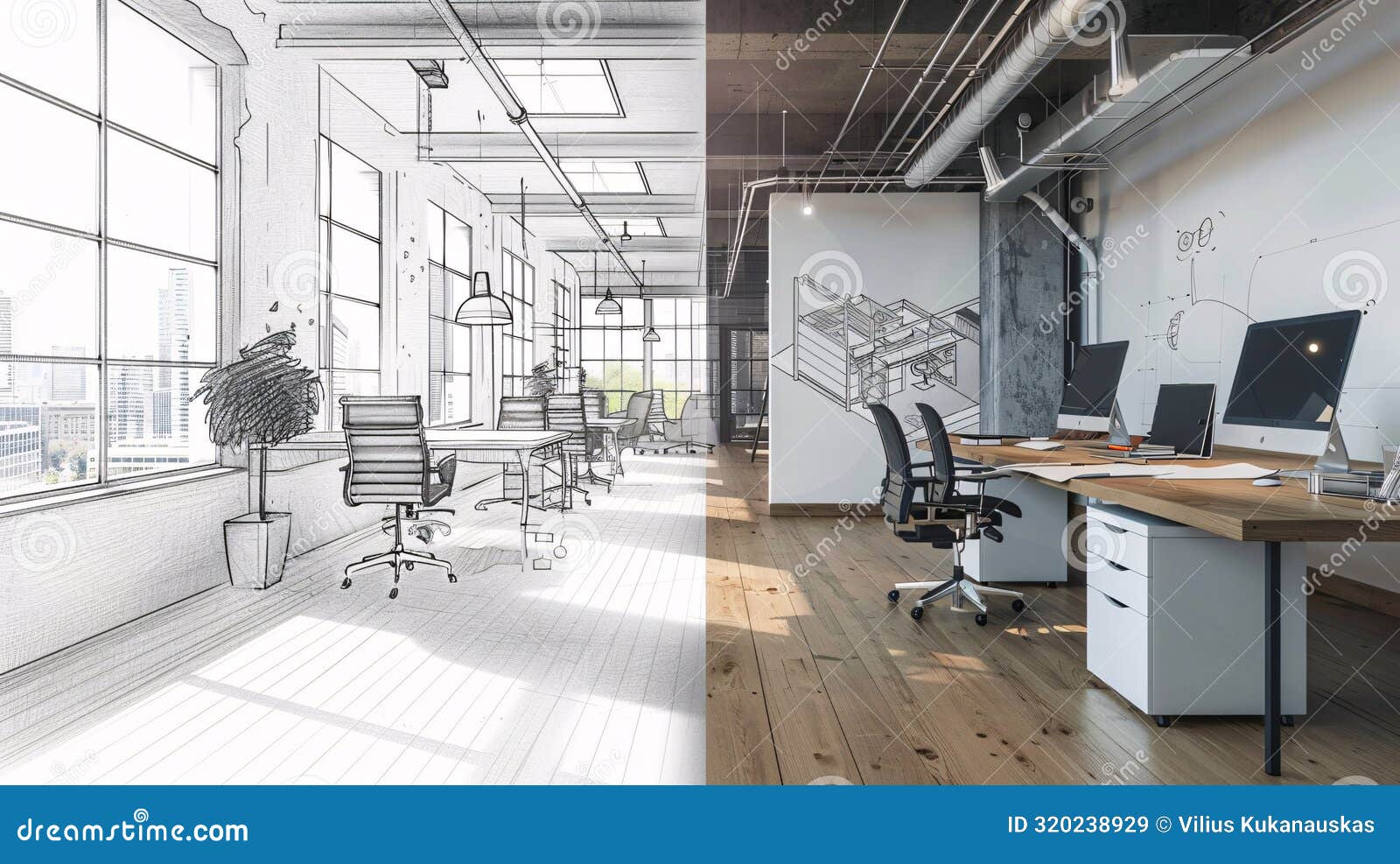 Modern Office Transition from Technical Drawing, Blueprint To Reality ...