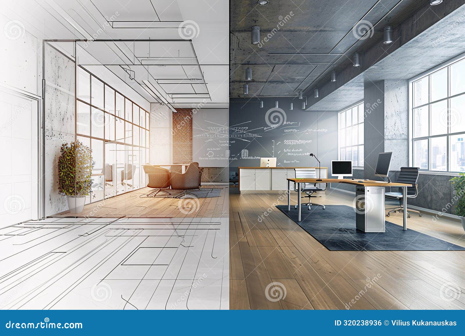 Modern Office Transition from Technical Drawing, Blueprint To Reality ...