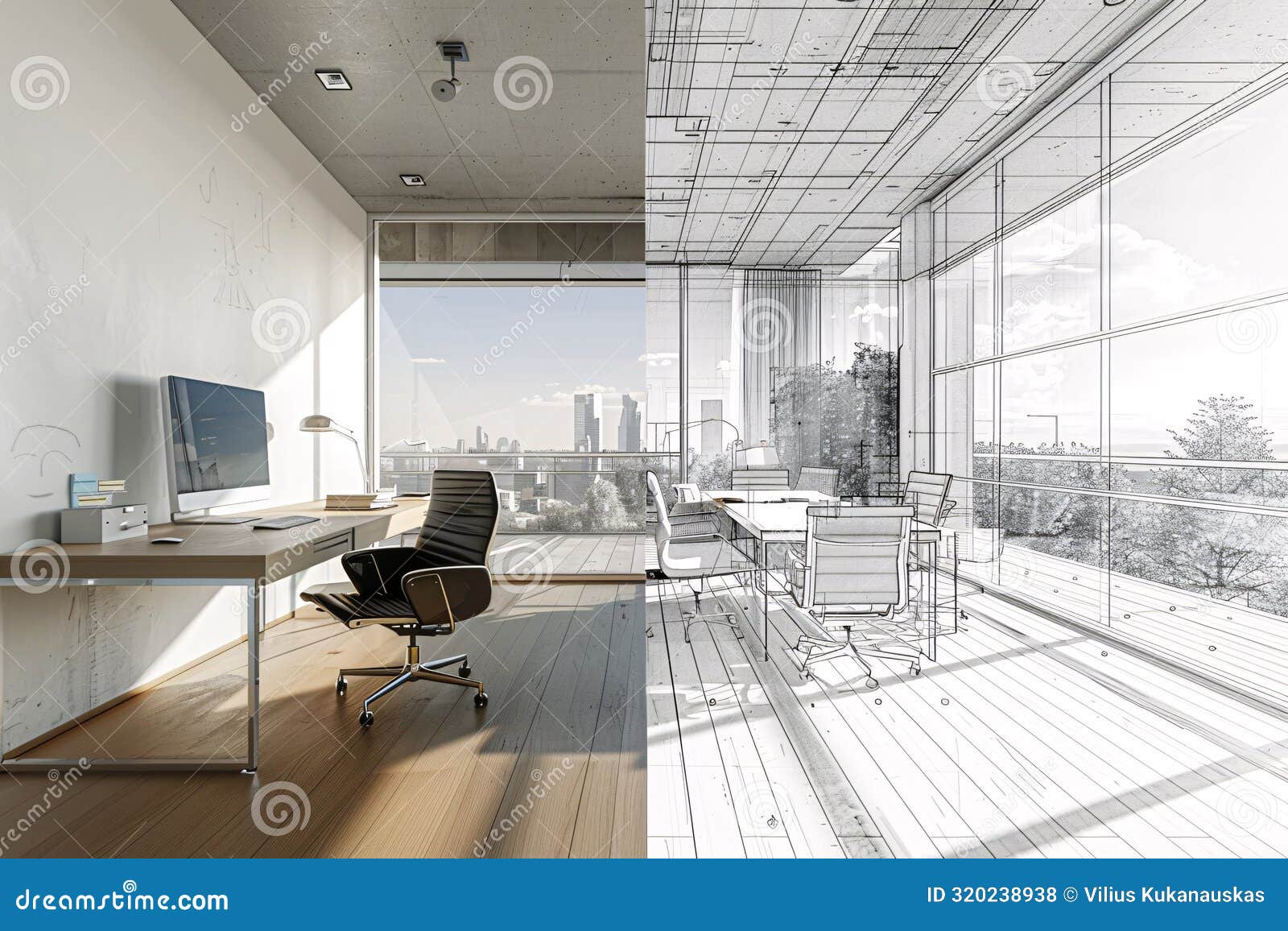 Modern Office Transition from Technical Drawing, Blueprint To Reality ...
