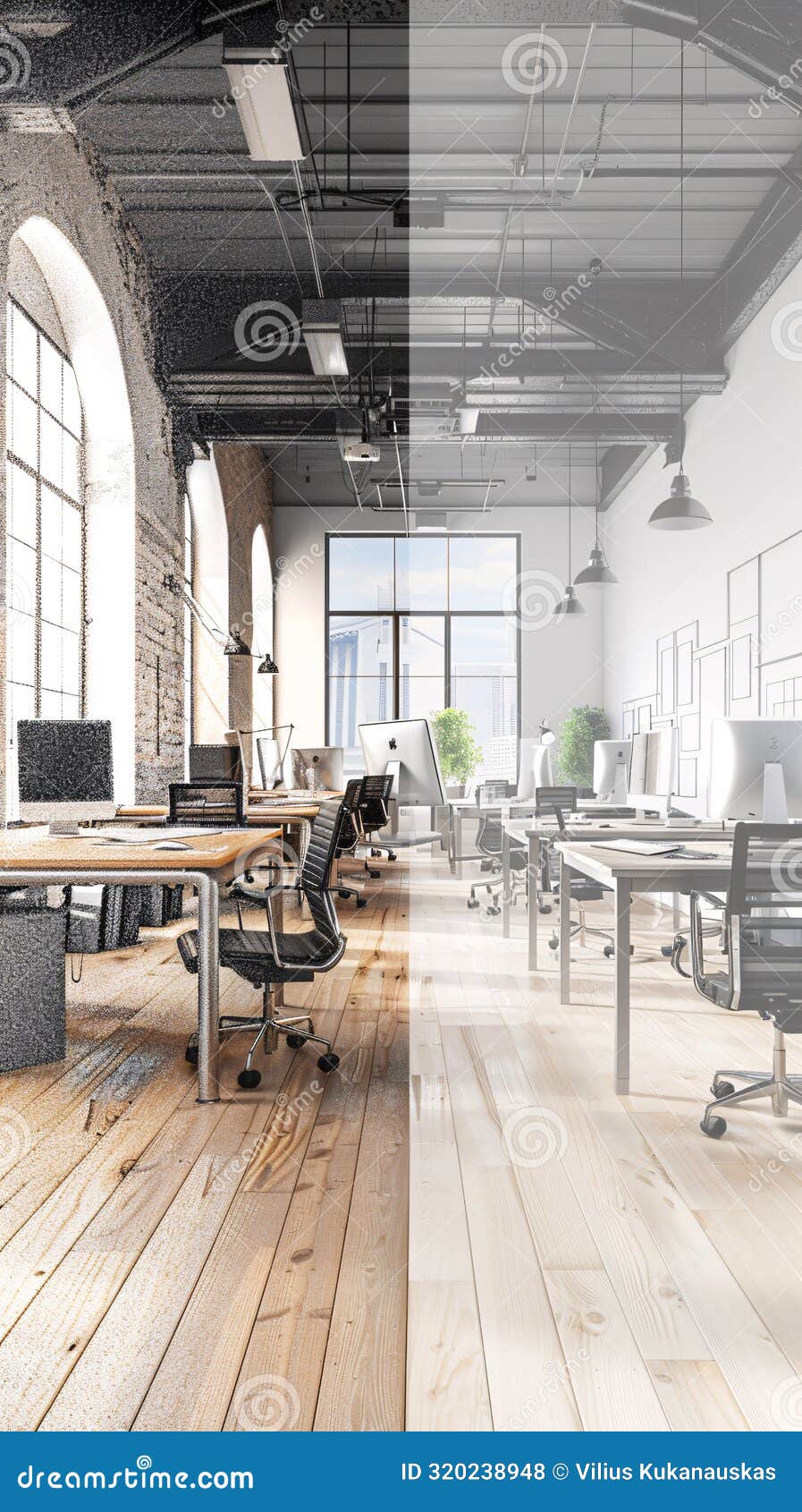 Modern Office Transition from Technical Drawing, Blueprint To Reality ...