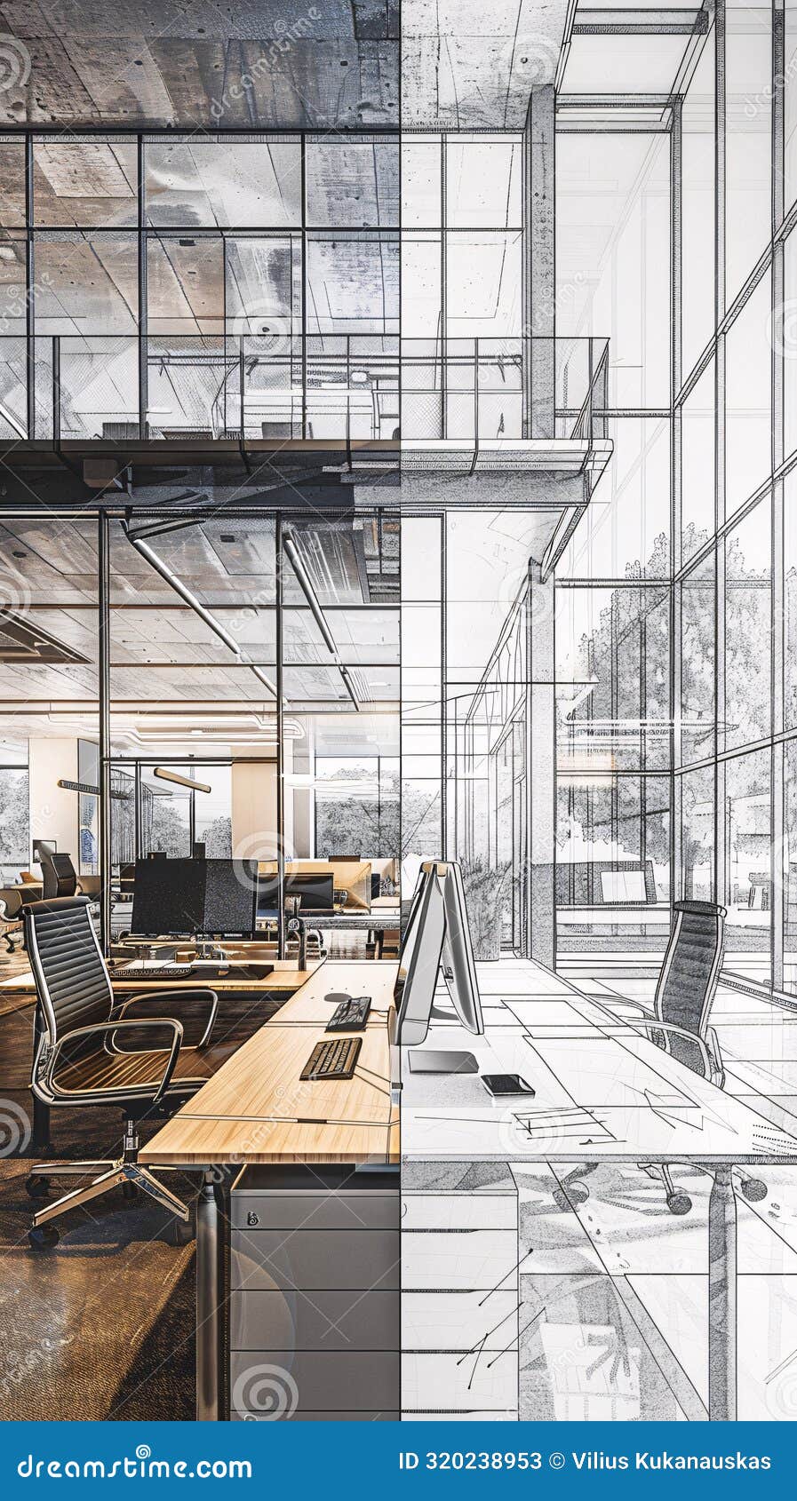 Modern Office Transition from Technical Drawing, Blueprint To Reality ...