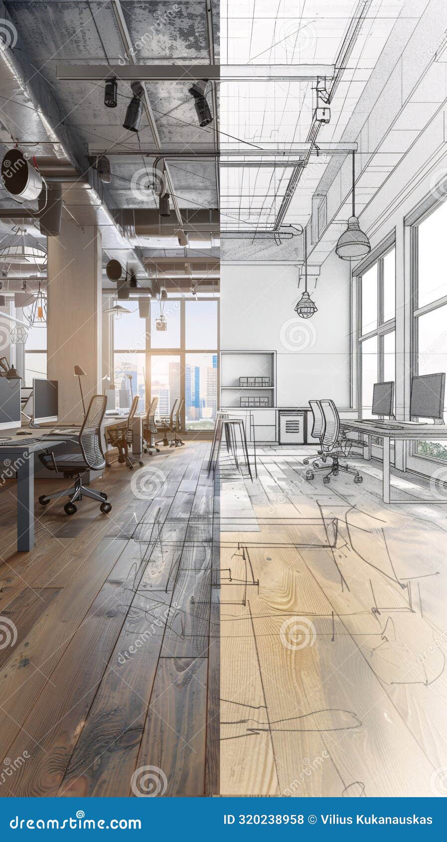 Modern Office Transition from Technical Drawing, Blueprint To Reality ...