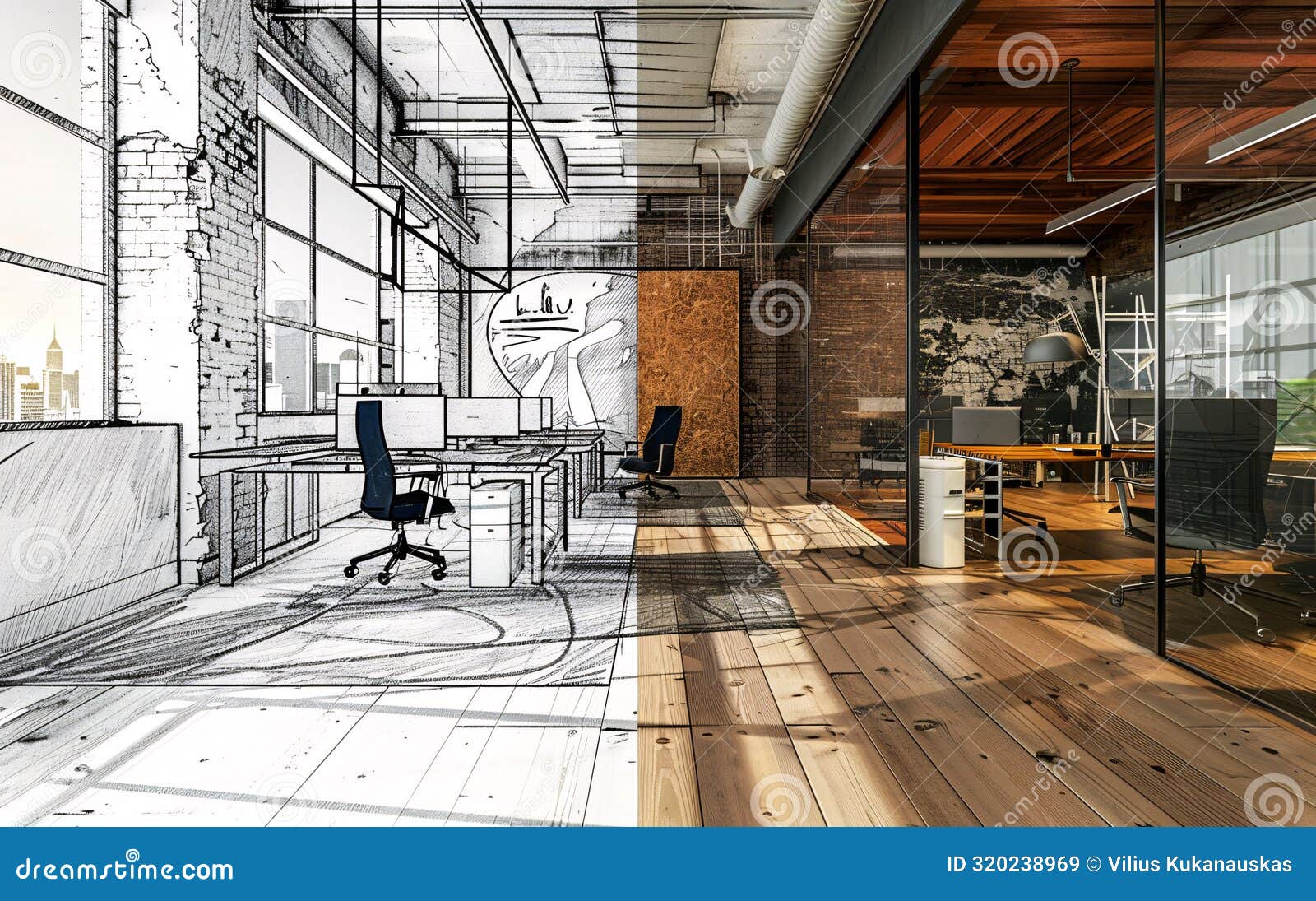 Modern Office Transition from Technical Drawing, Blueprint To Reality ...