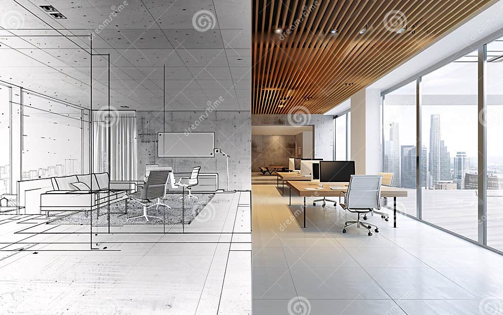 Modern Office Transition from Technical Drawing, Blueprint To Reality ...