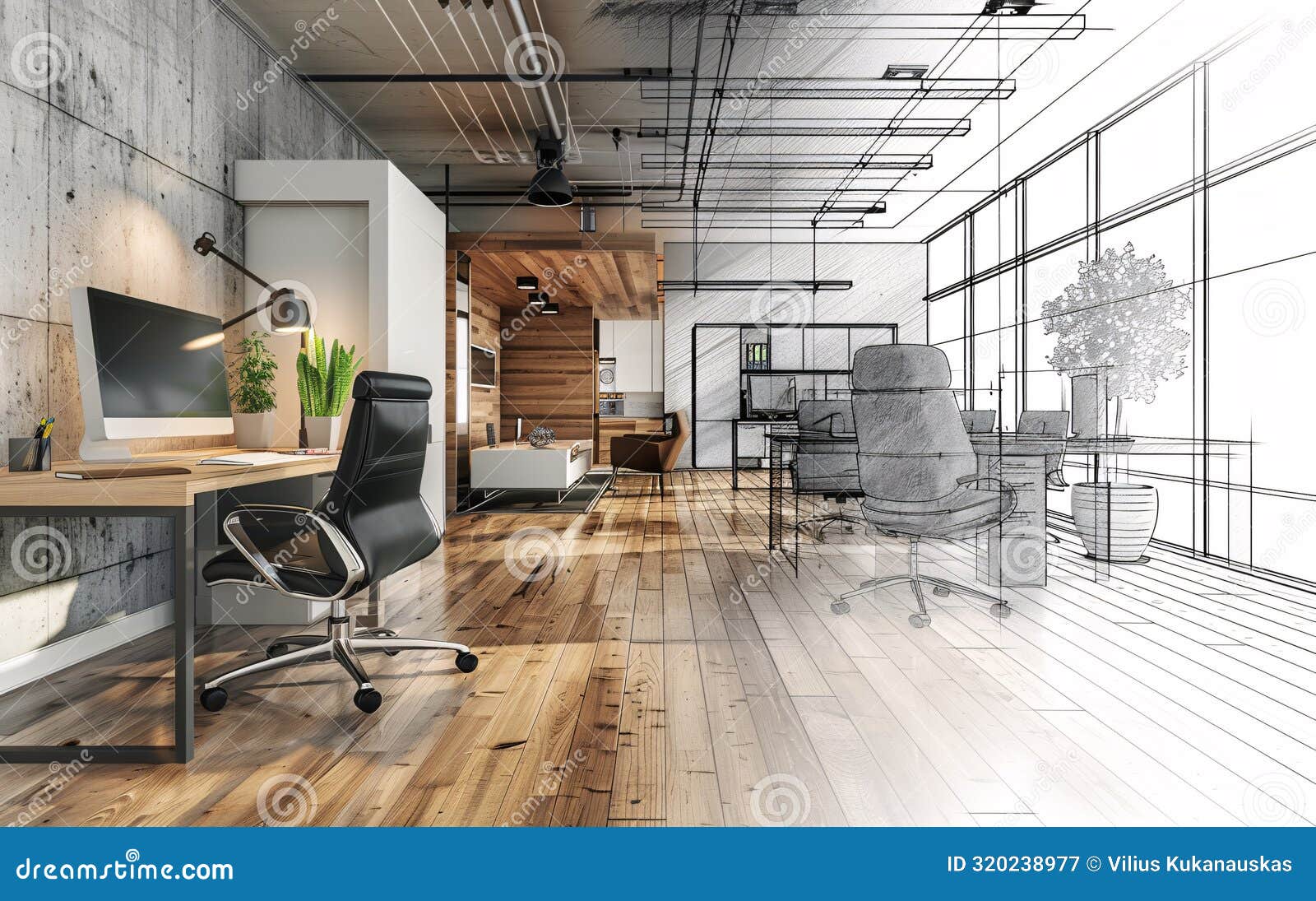 Modern Office Transition from Technical Drawing, Blueprint To Reality ...