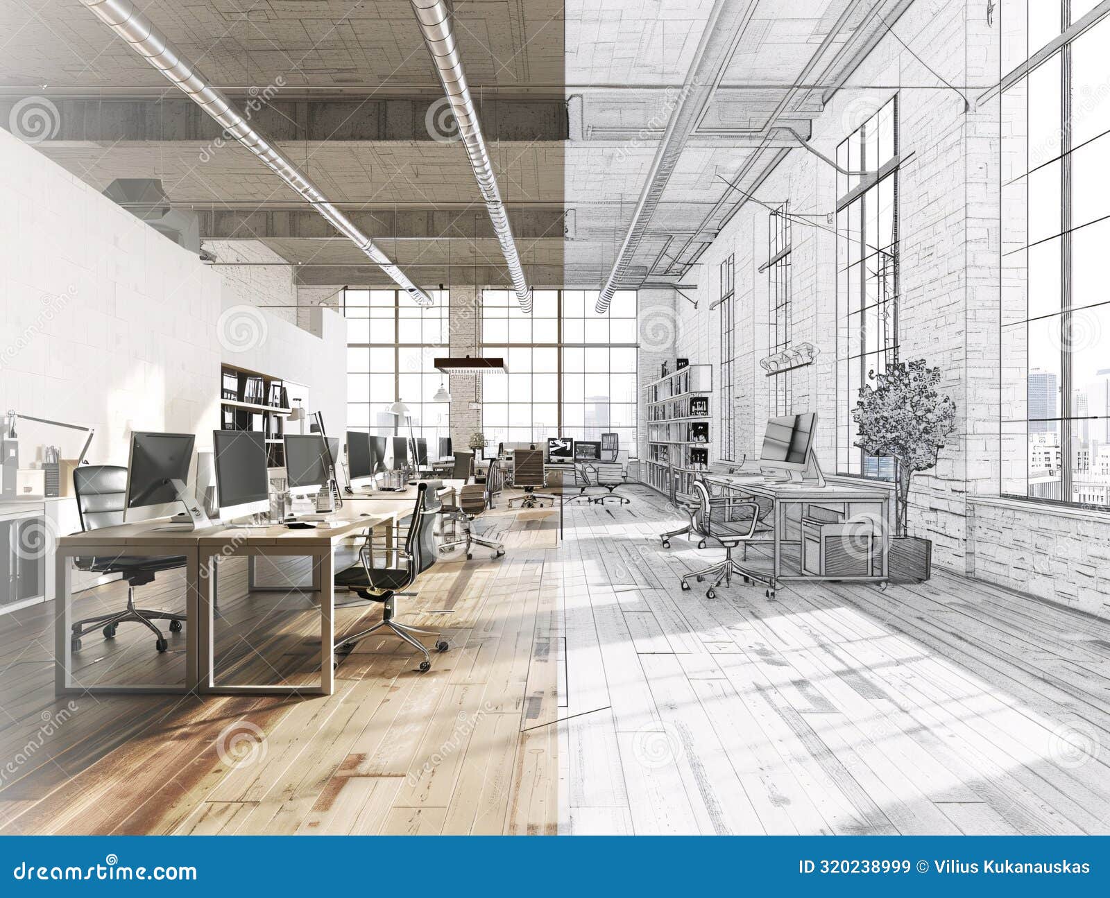 Modern Office Transition from Technical Drawing, Blueprint To Reality ...