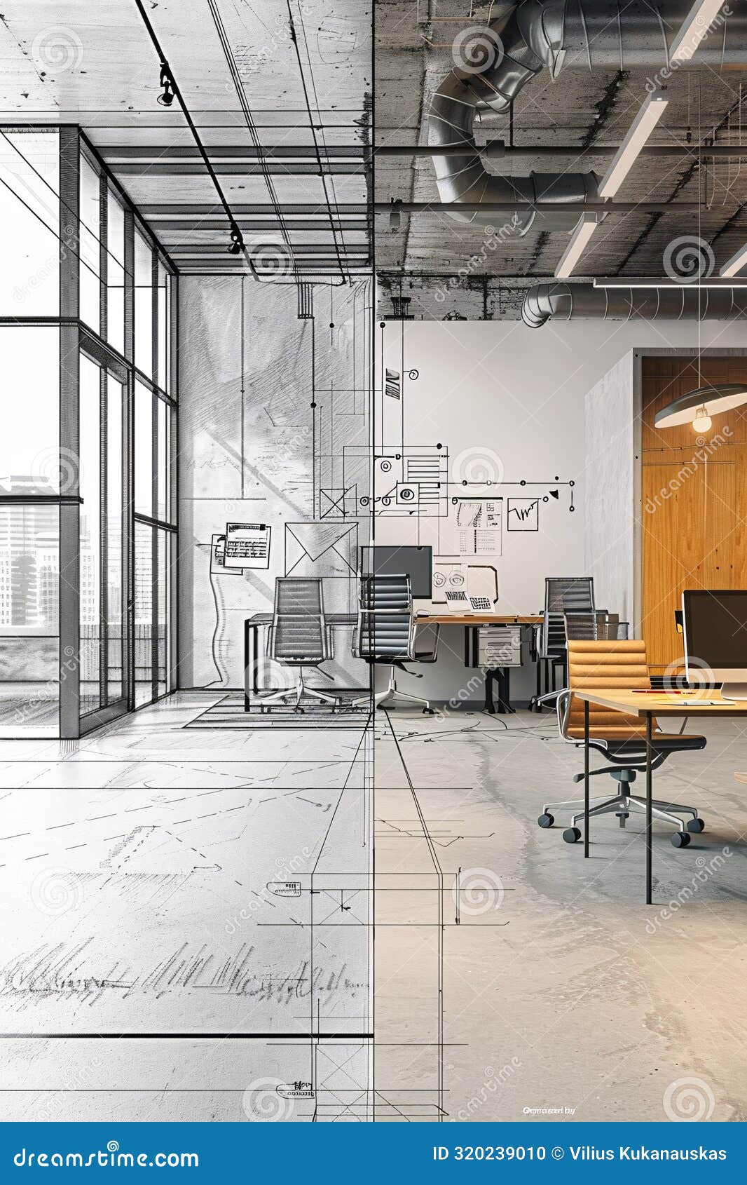 Modern Office Transition from Technical Drawing, Blueprint To Reality ...