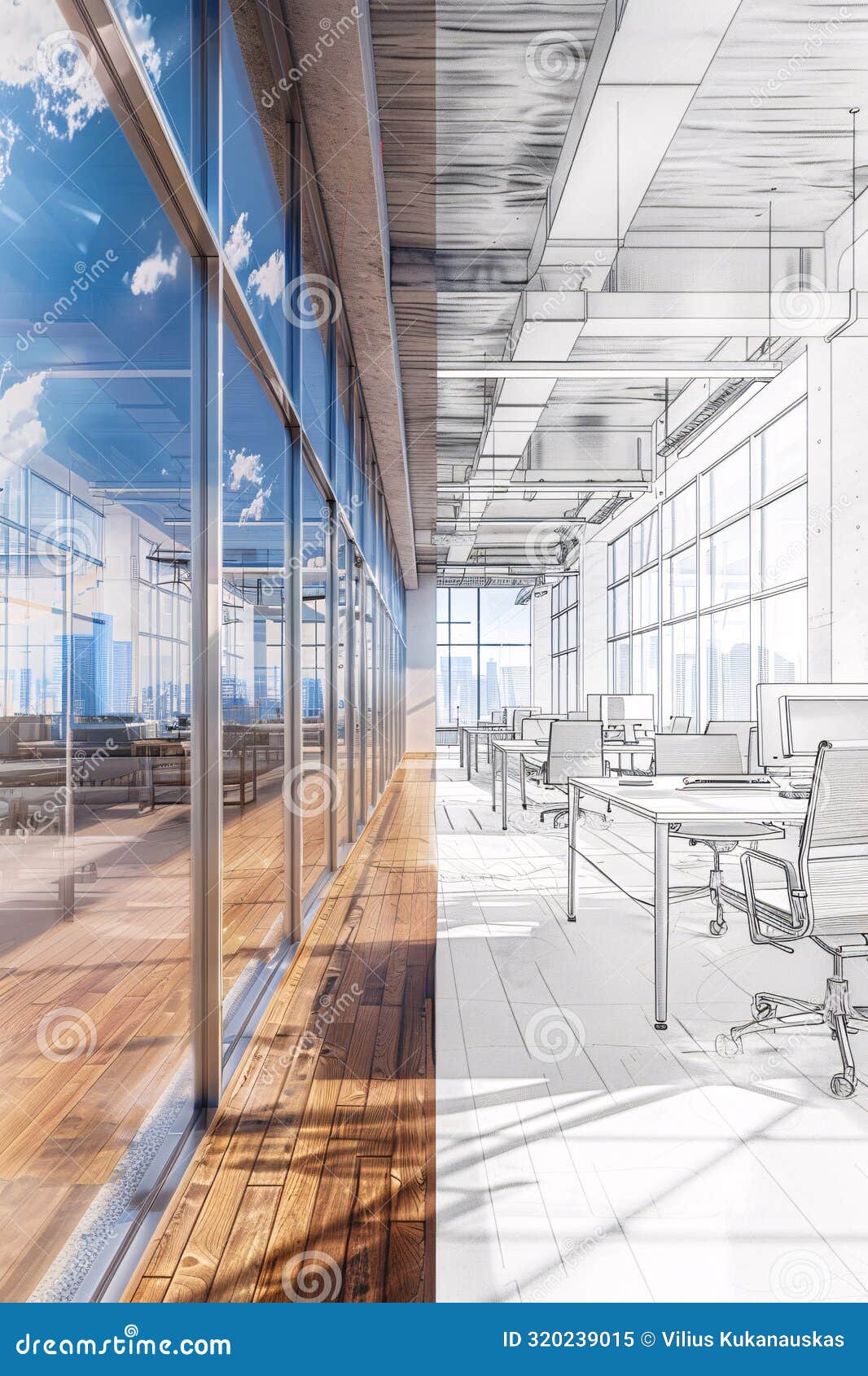 Modern Office Transition from Technical Drawing, Blueprint To Reality ...