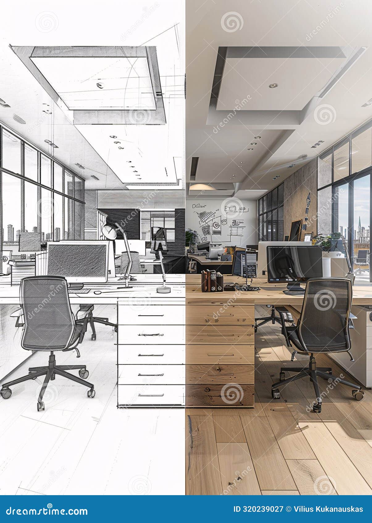 Modern Office Transition from Technical Drawing, Blueprint To Reality ...