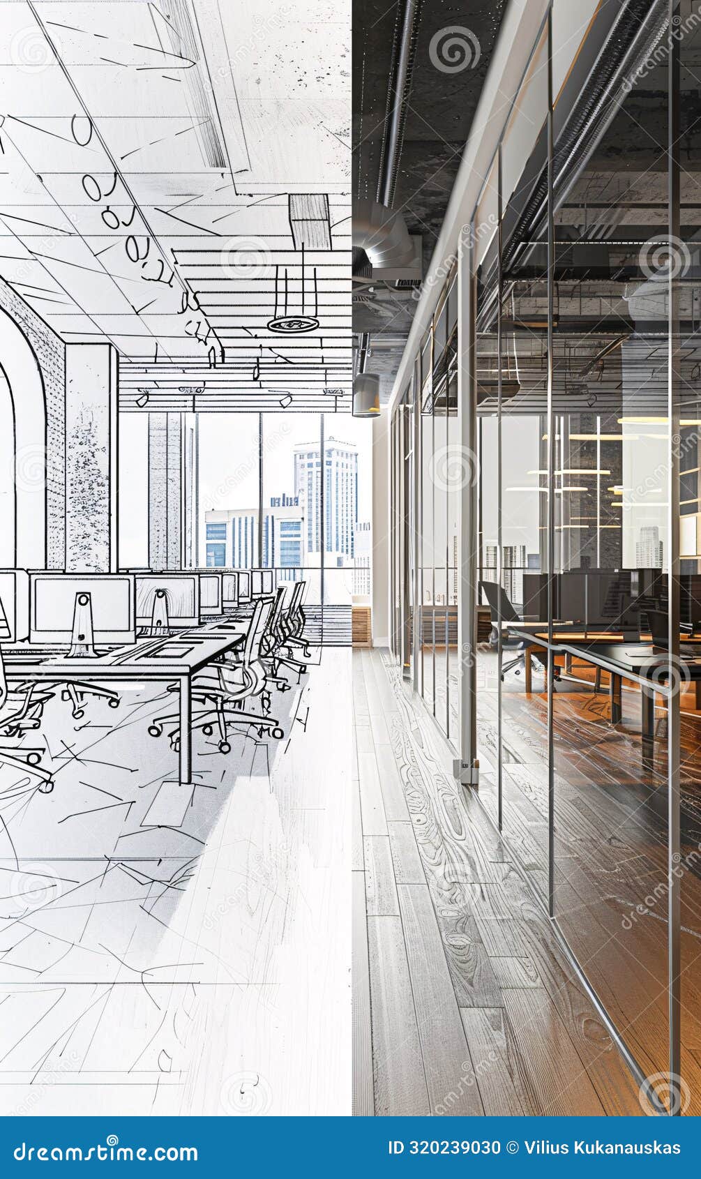 Modern Office Transition from Technical Drawing, Blueprint To Reality ...