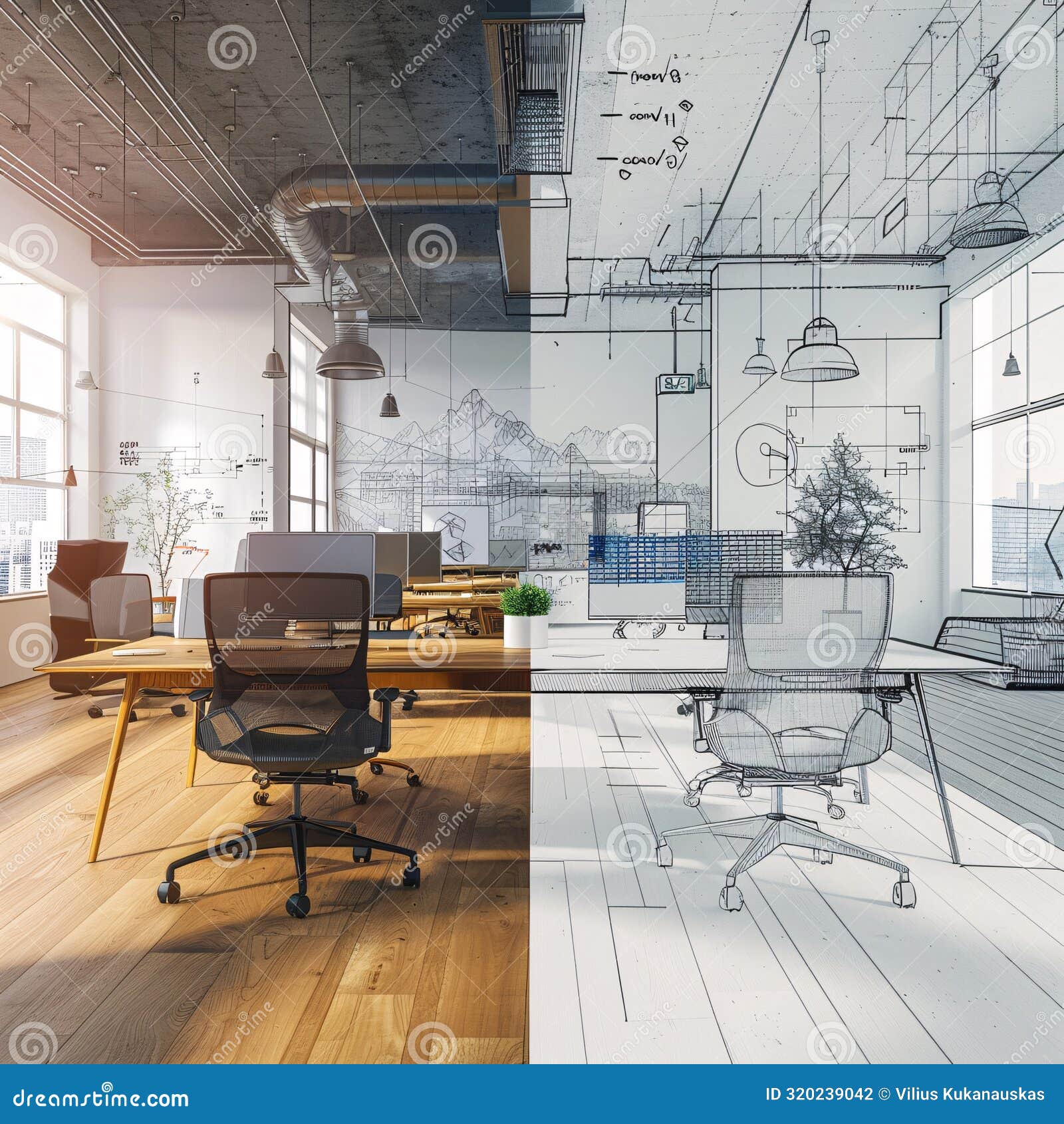 Modern Office Transition from Technical Drawing, Blueprint To Reality ...