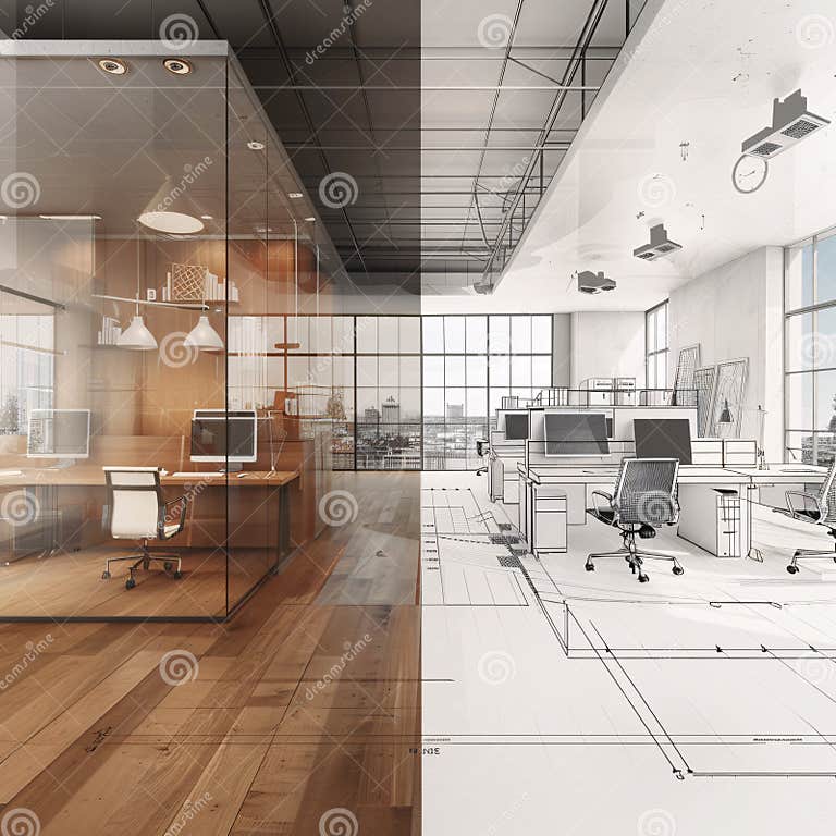 Modern Office Transition from Technical Drawing, Blueprint To Reality ...