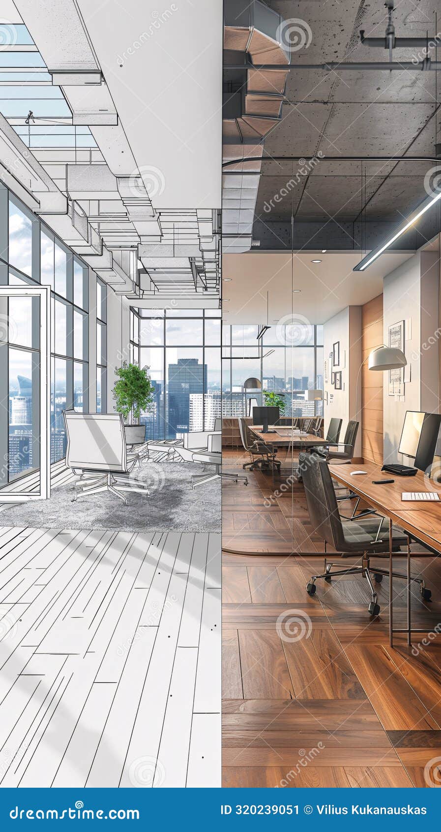 Modern Office Transition from Technical Drawing, Blueprint To Reality ...
