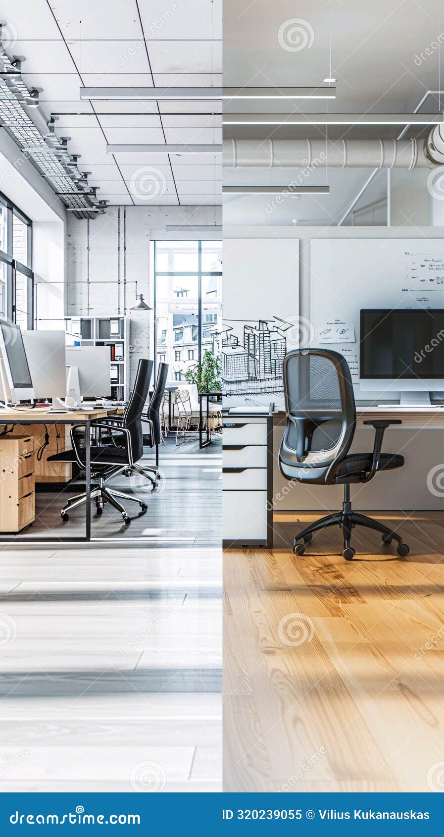 Modern Office Transition from Technical Drawing, Blueprint To Reality ...