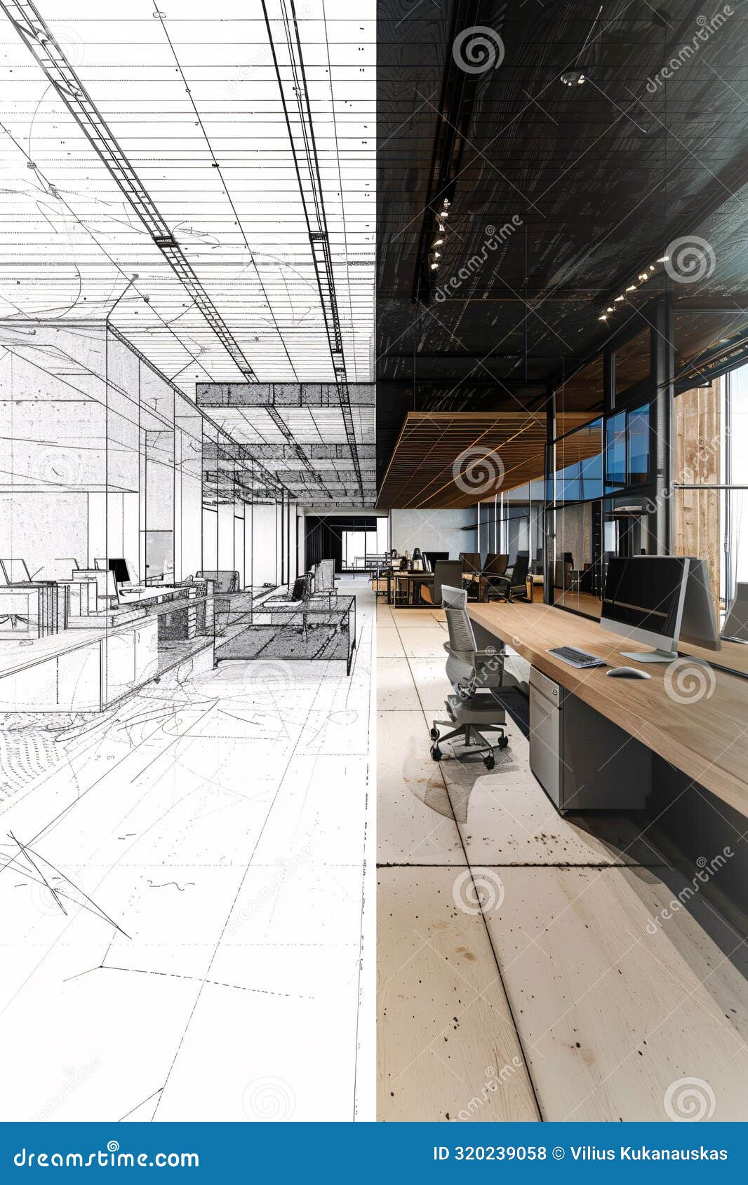 Modern Office Transition from Technical Drawing, Blueprint To Reality ...