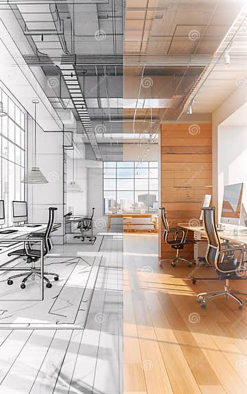 Modern Office Transition from Technical Drawing, Blueprint To Reality ...