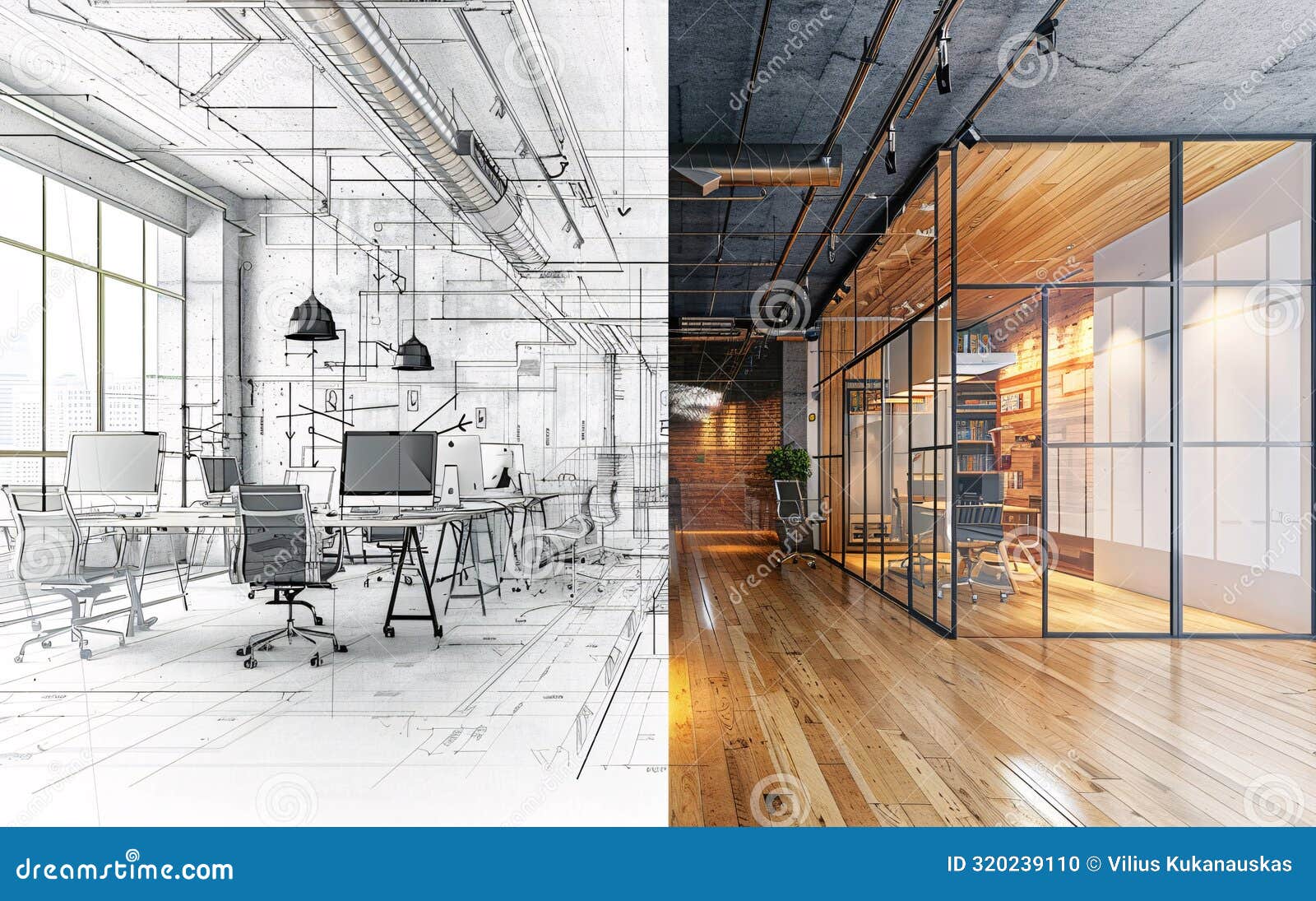 Modern Office Transition from Technical Drawing, Blueprint To Reality ...