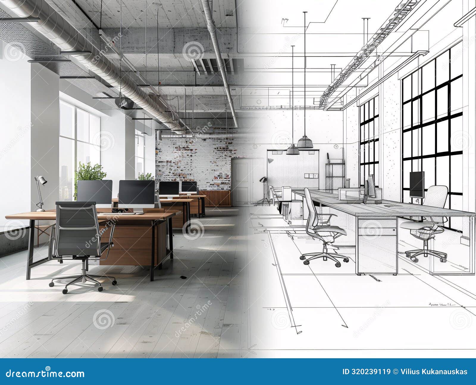 Modern Office Transition from Technical Drawing, Blueprint To Reality ...