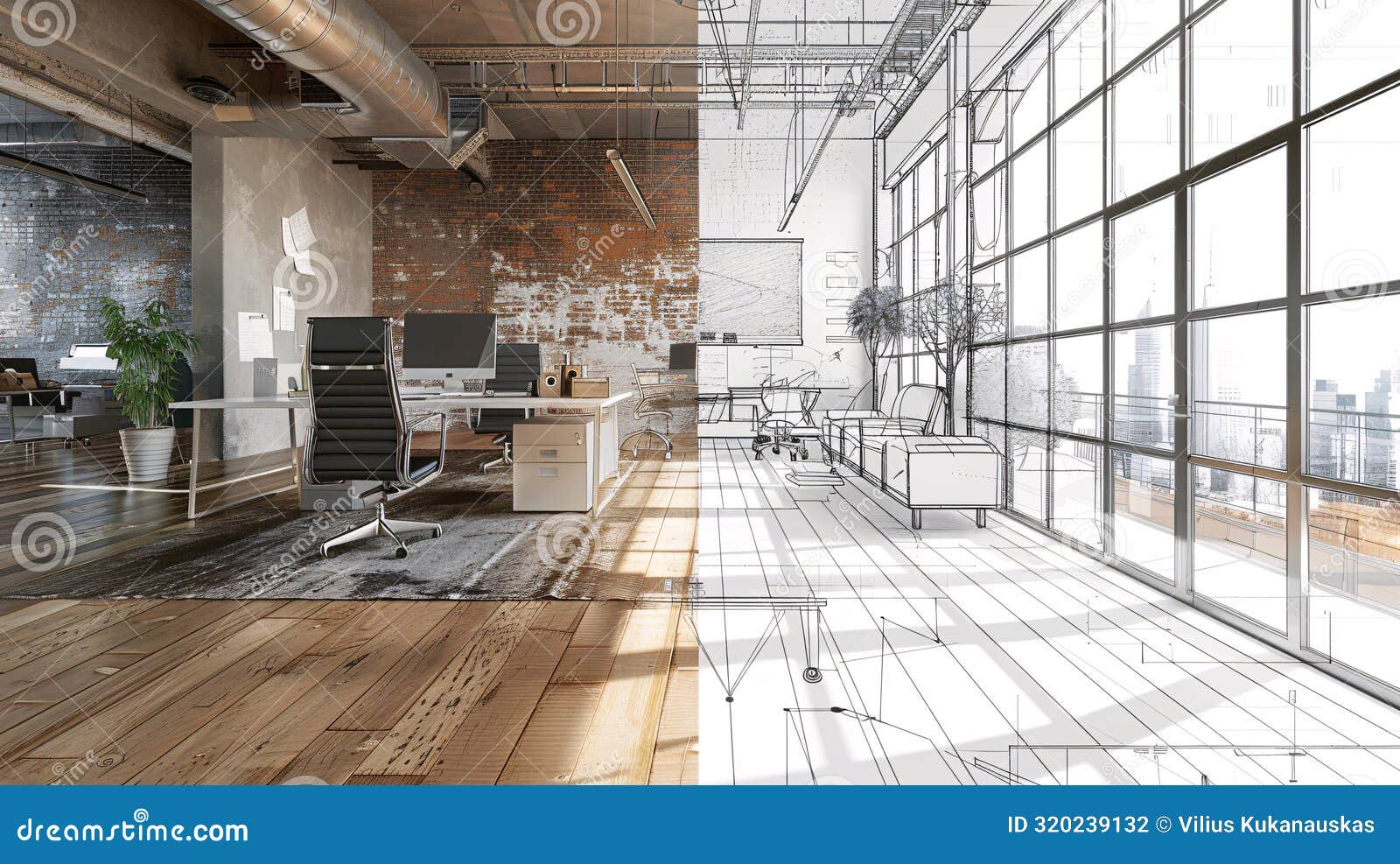 Modern Office Transition from Technical Drawing, Blueprint To Reality ...