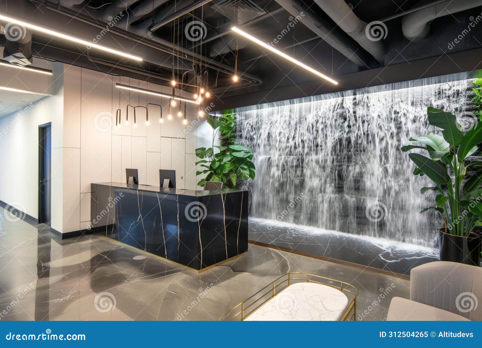 Modern Office with Wallmounted Waterfall Behind Reception Desk Stock ...