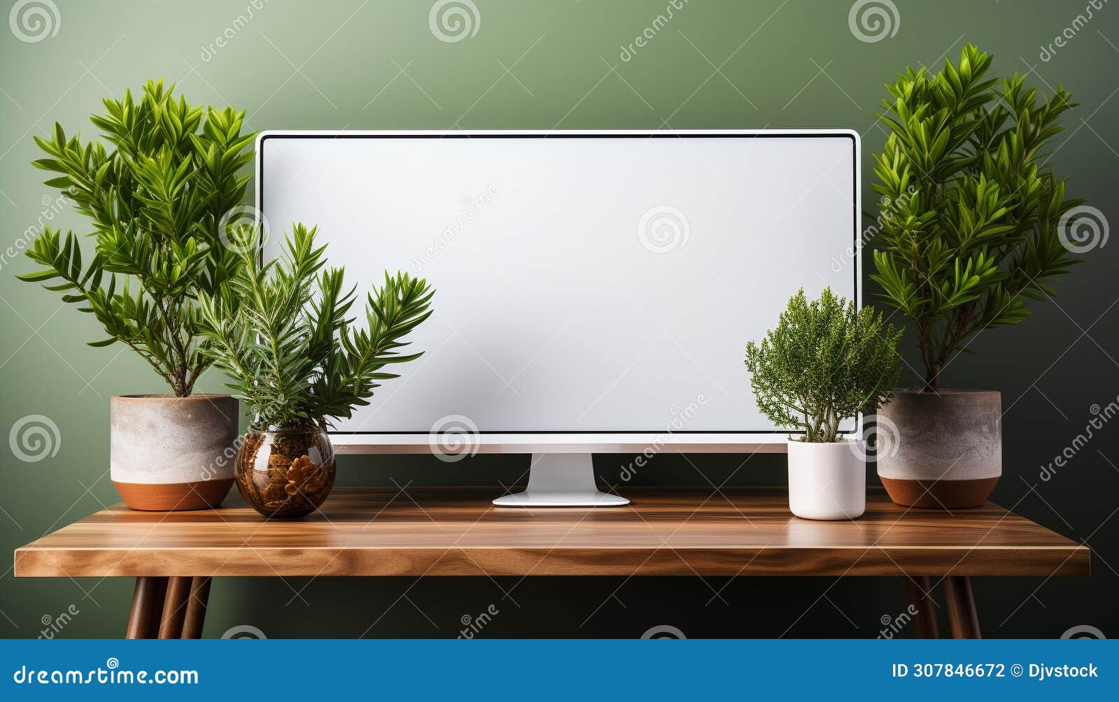 Modern Office with Wood Desk, Computer, Plant, and Blank Wall Generated ...