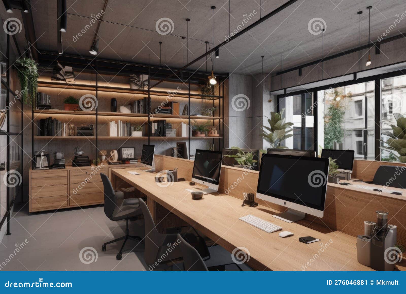 A Modern Office with a Wooden Table and Chairs and a Large Window with ...