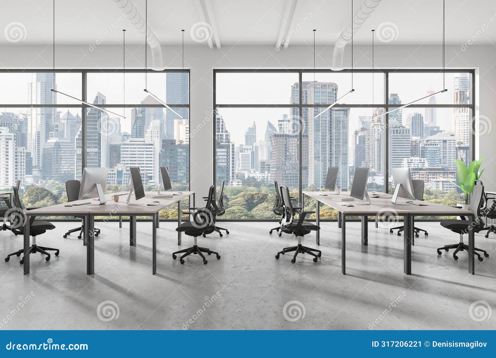 Modern Office Work Space with Desks, Chairs, and Computers Cityscape ...