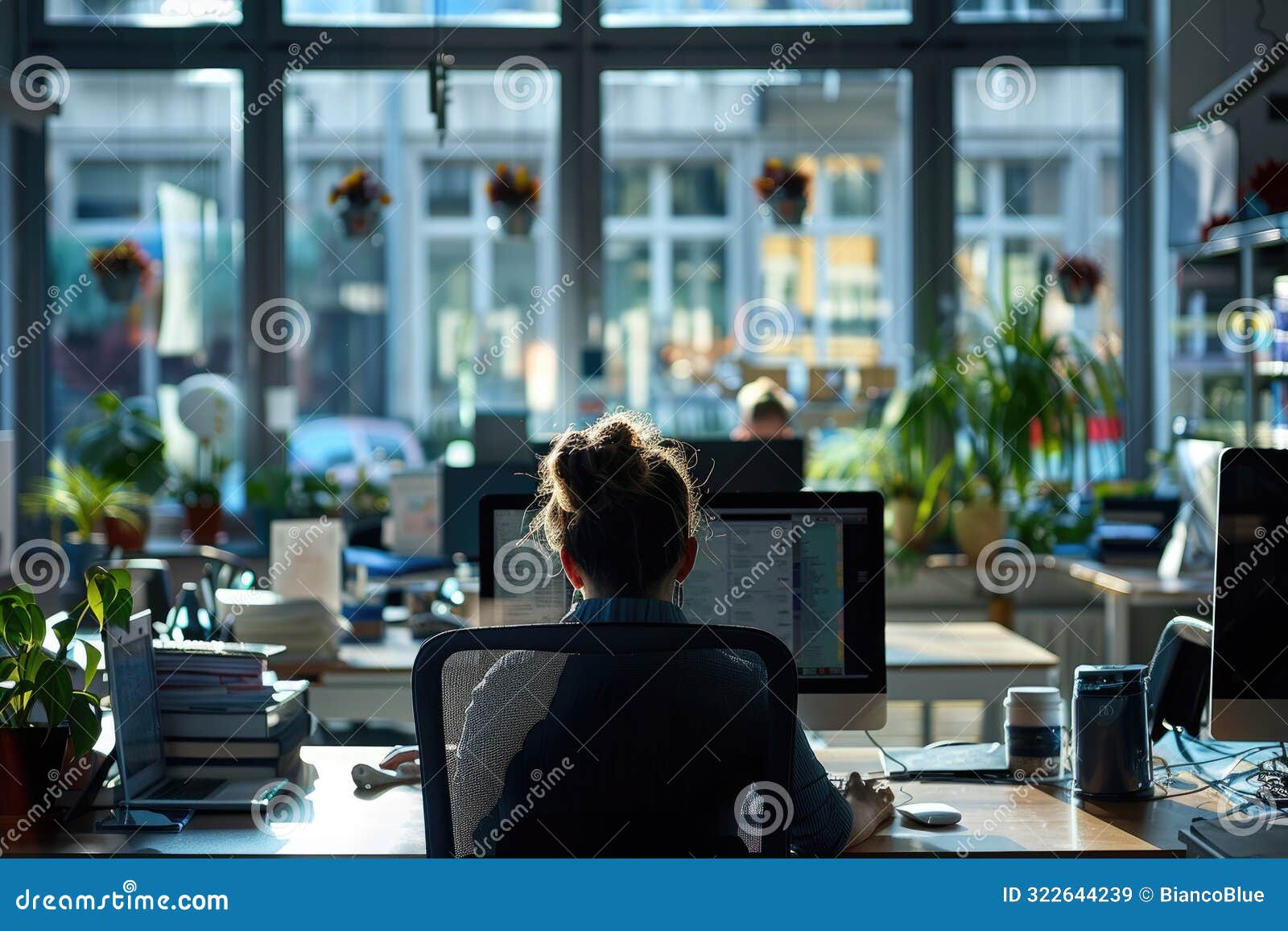 Modern Office Worker in Contemporary Workplace with Openplan Desk and ...