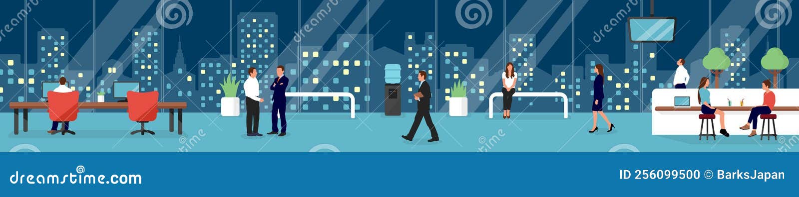 Modern Office and Workers Horizontal Vector Illustration Evening Stock ...