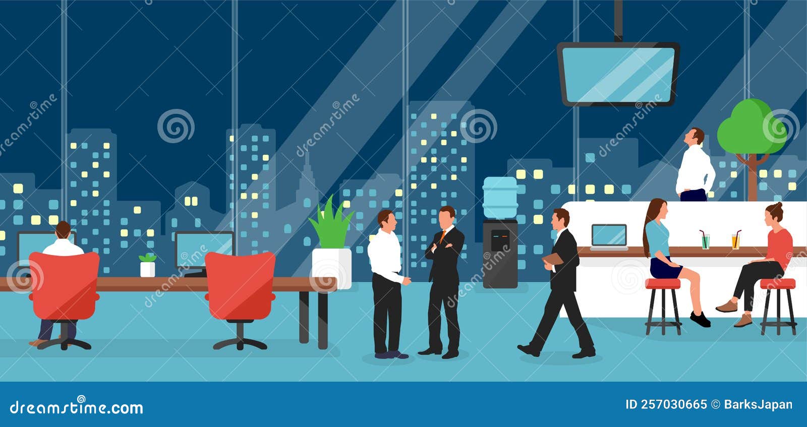 Modern Office and Workers Horizontal Vector Illustration Evening Stock ...