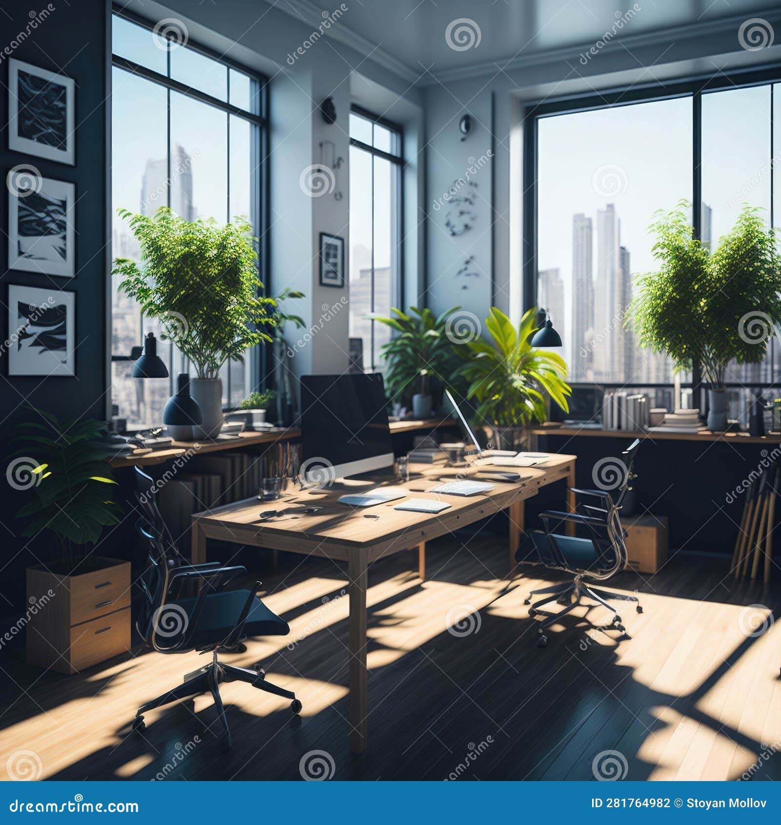 Modern Office Working Place, Large Windows with View, Desks with ...