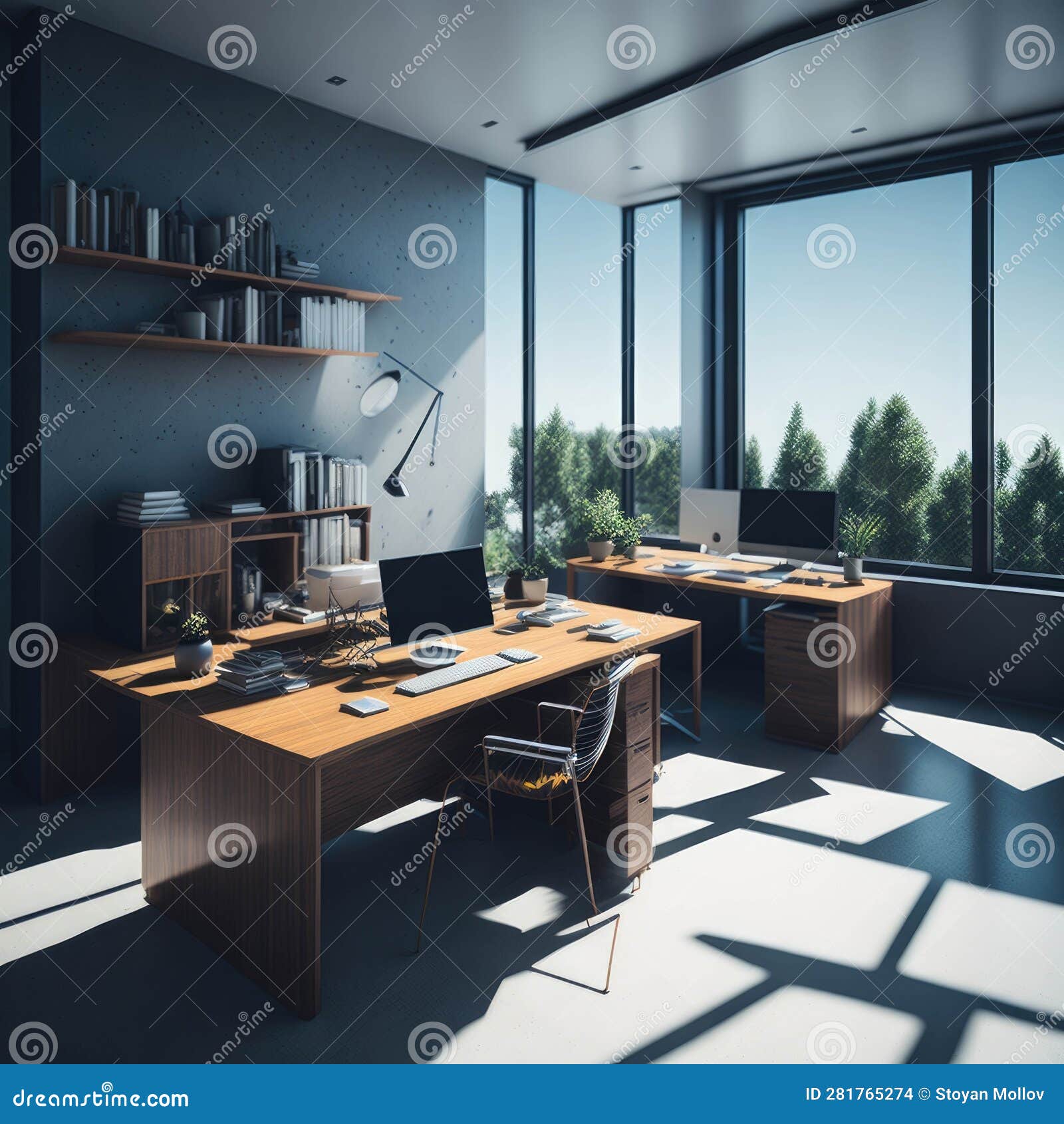 Modern Office Working Place, Large Windows with View, Desks with ...