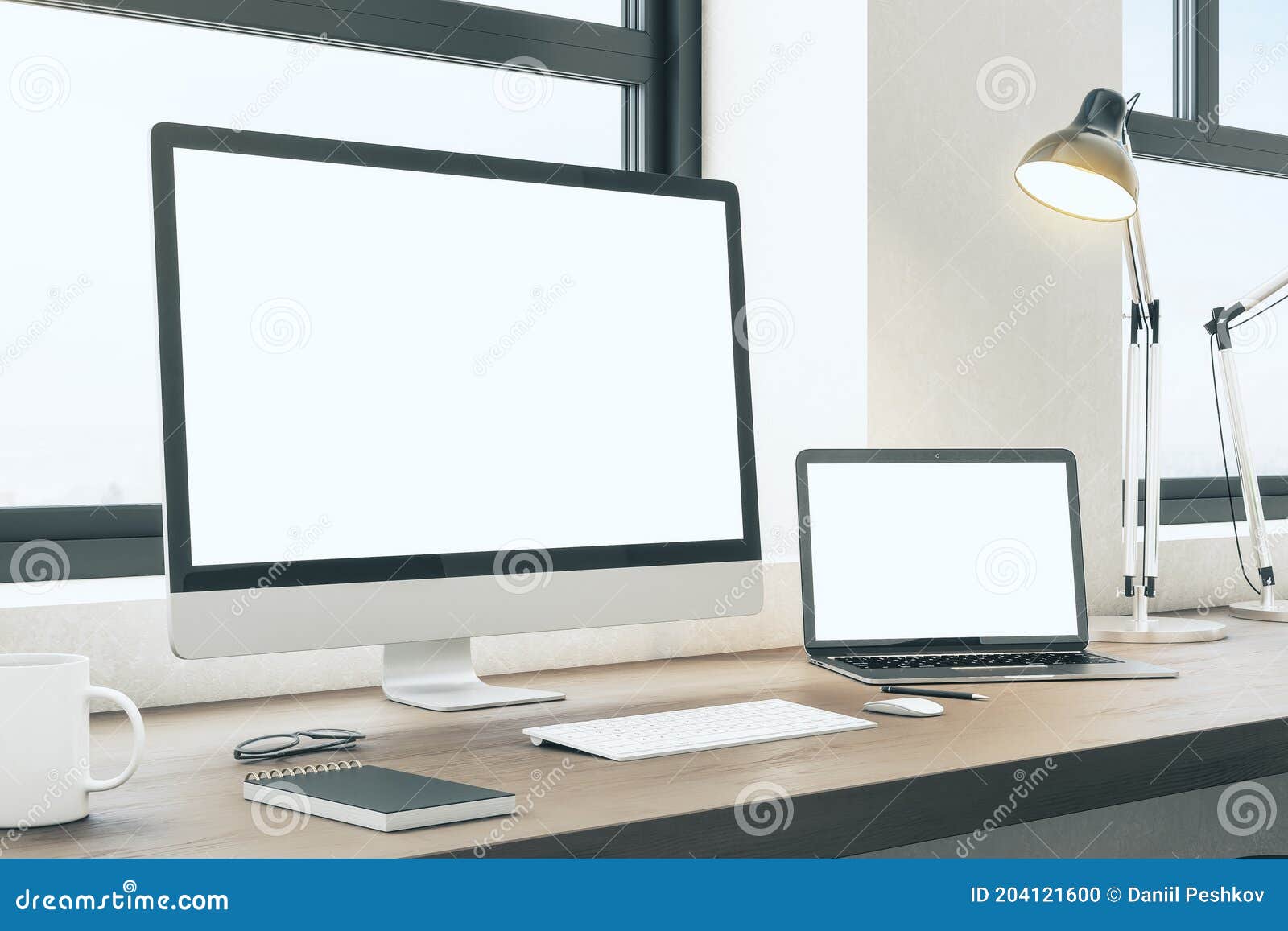 Modern Office Workplace with Computer and Laptop on Desktop Stock ...