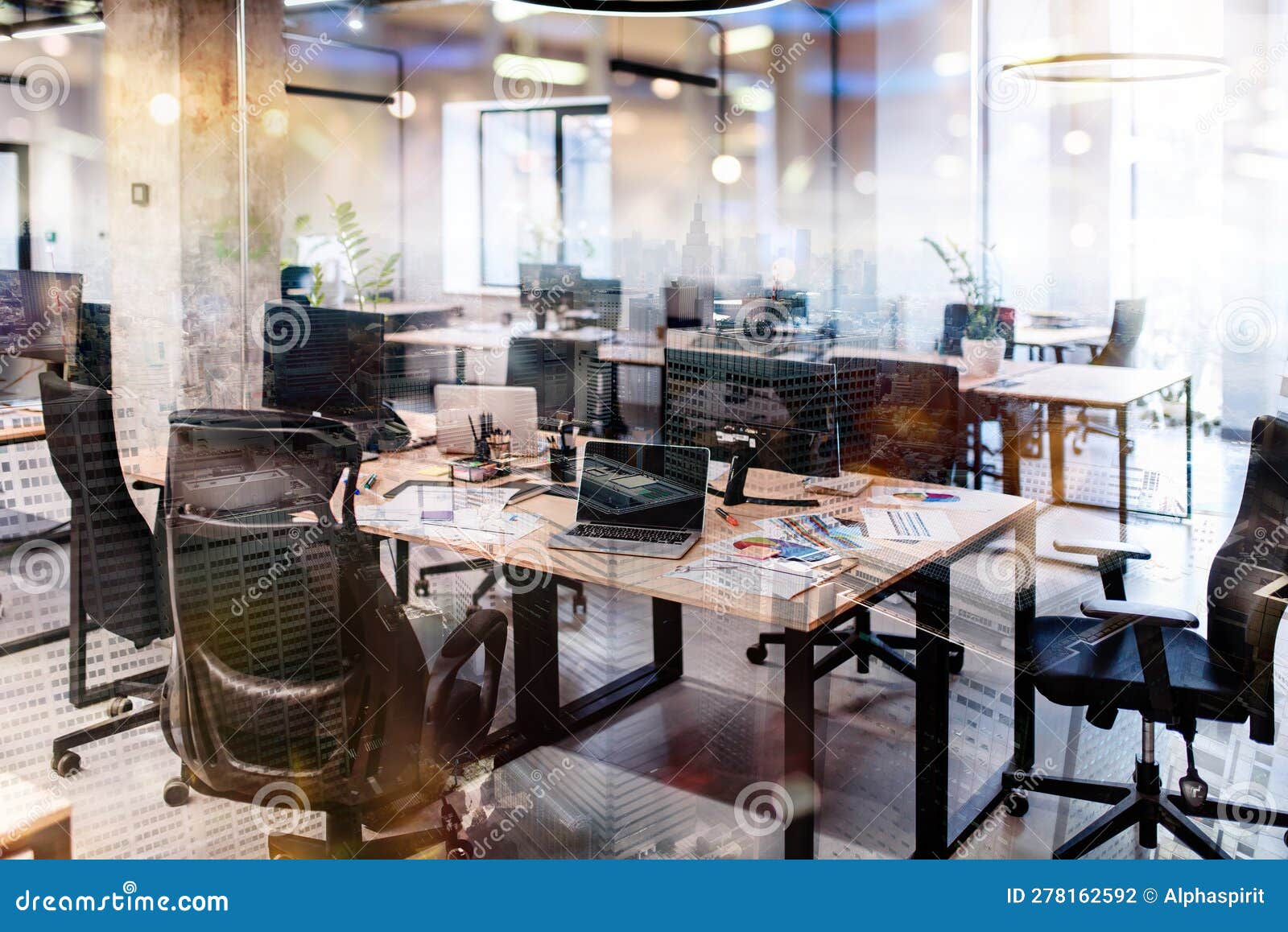 Modern Office Workplace with Desks and Computers Stock Photo - Image of ...